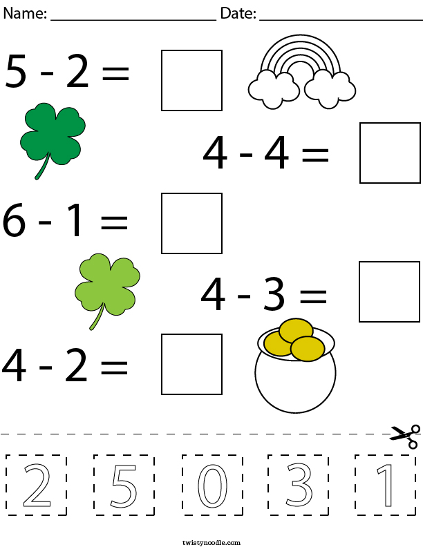St Patrick's Day Subtraction Cut and Paste Math Worksheet - Twisty Noodle